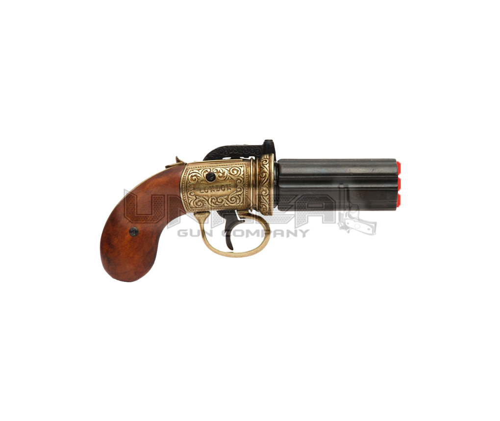 18TH CENTURY 6 BARREL PEPPER-BOX FLINTLOCK REVOLVER, ENGLAND 1840 WOOD ...